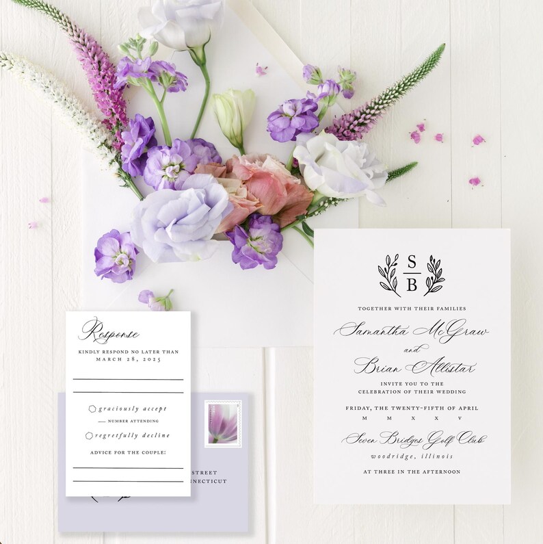 Modern Monogram Wedding Invitation | Line Drawn Wedding Invitation ...