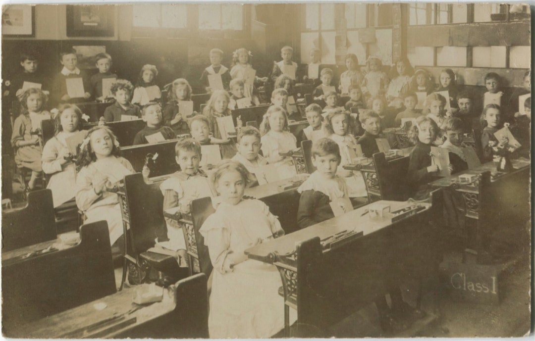 Antique Photograph: School Class, Children at Desks Holding up Pictures ...