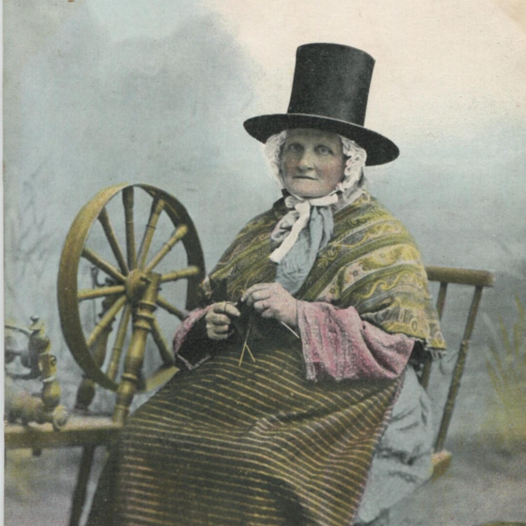 Antique Postcard: Jane Jones in Welsh Costume, Knitting, Spinning Wheel ...