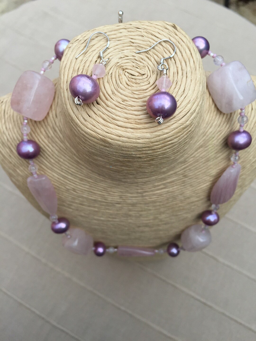 Rose Quartz and Lilac Coloured Cultured Pearl Necklace and Earring Set ...