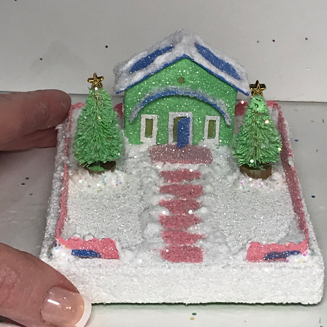 TINY MINI Green and Blue Putz House / Glitter House / Christmas Village ...