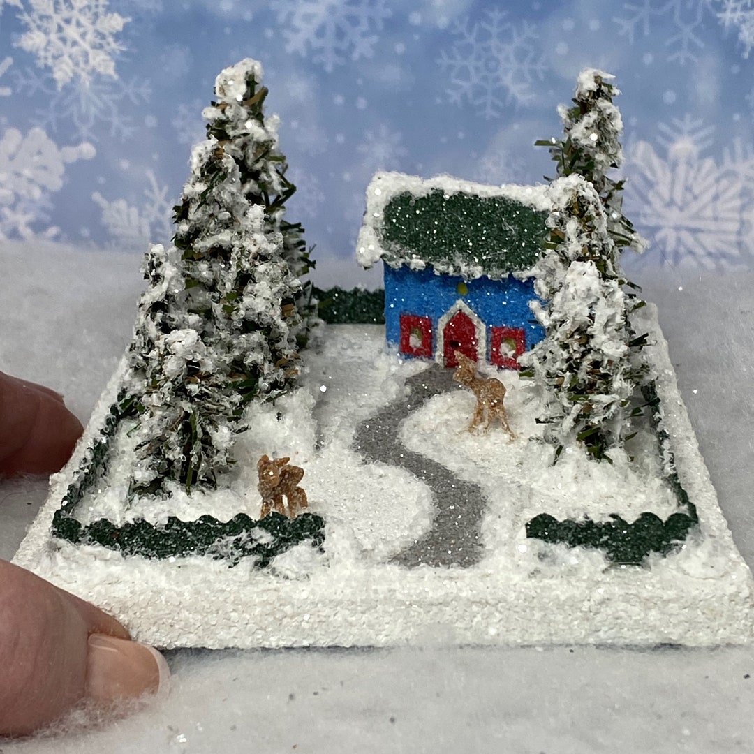 TINY MINI Blue and Green Putz House - Christmas Village - Putz House ...