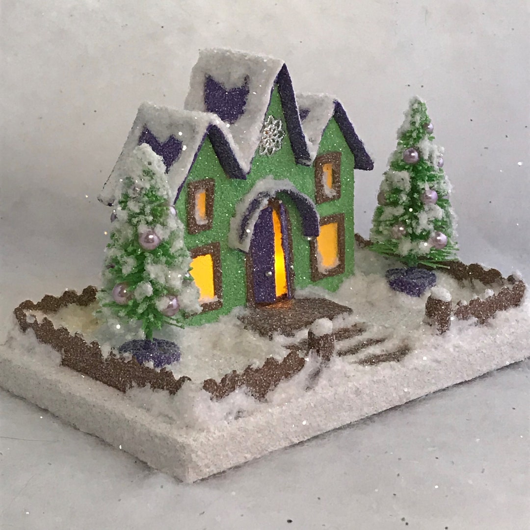 MINI Size Light Green and Purple Putz House - Glitter House - Christmas Village - Putz House ...