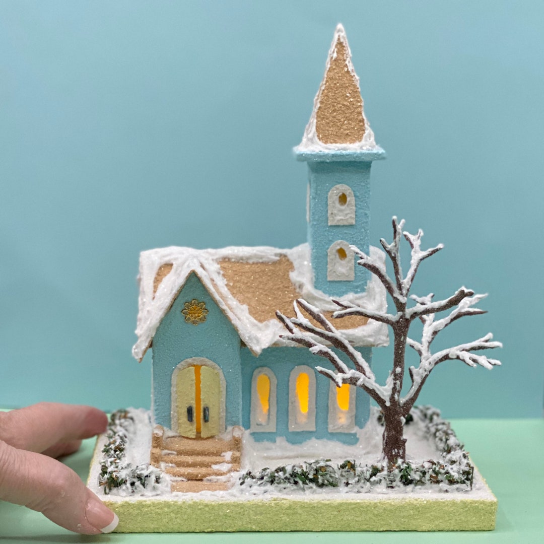 ORIGINAL Size Blue and Light Brown Putz Church - Christmas Village ...