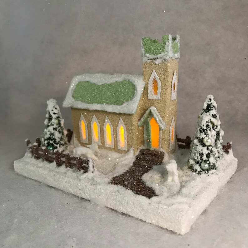 MINI Ivory and Pale Green Putz Church/ Glitter Church/ Christmas ...