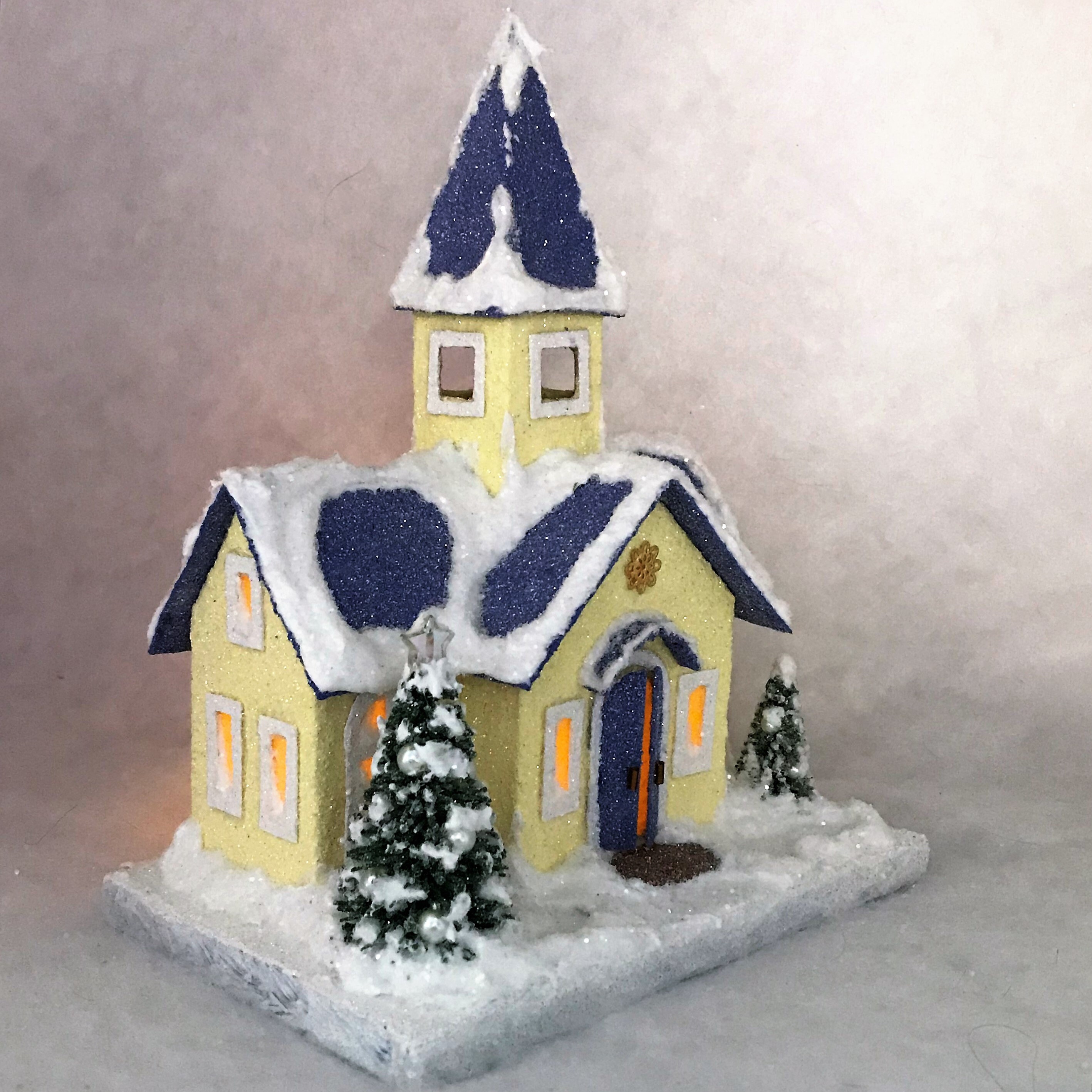 ORIGINAL Yellow and Periwinkle Putz Church/ Glitter House / | Etsy