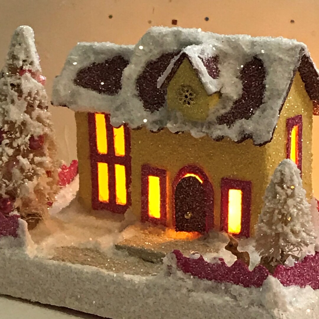 ORIGINAL Size Yellow and Pink Putz House / Glitter House / Christmas ...