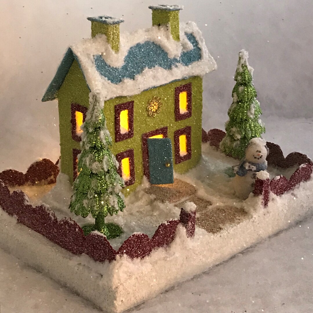MINI Size Lime Green and Blue Putz House / Glitter House / Christmas ...