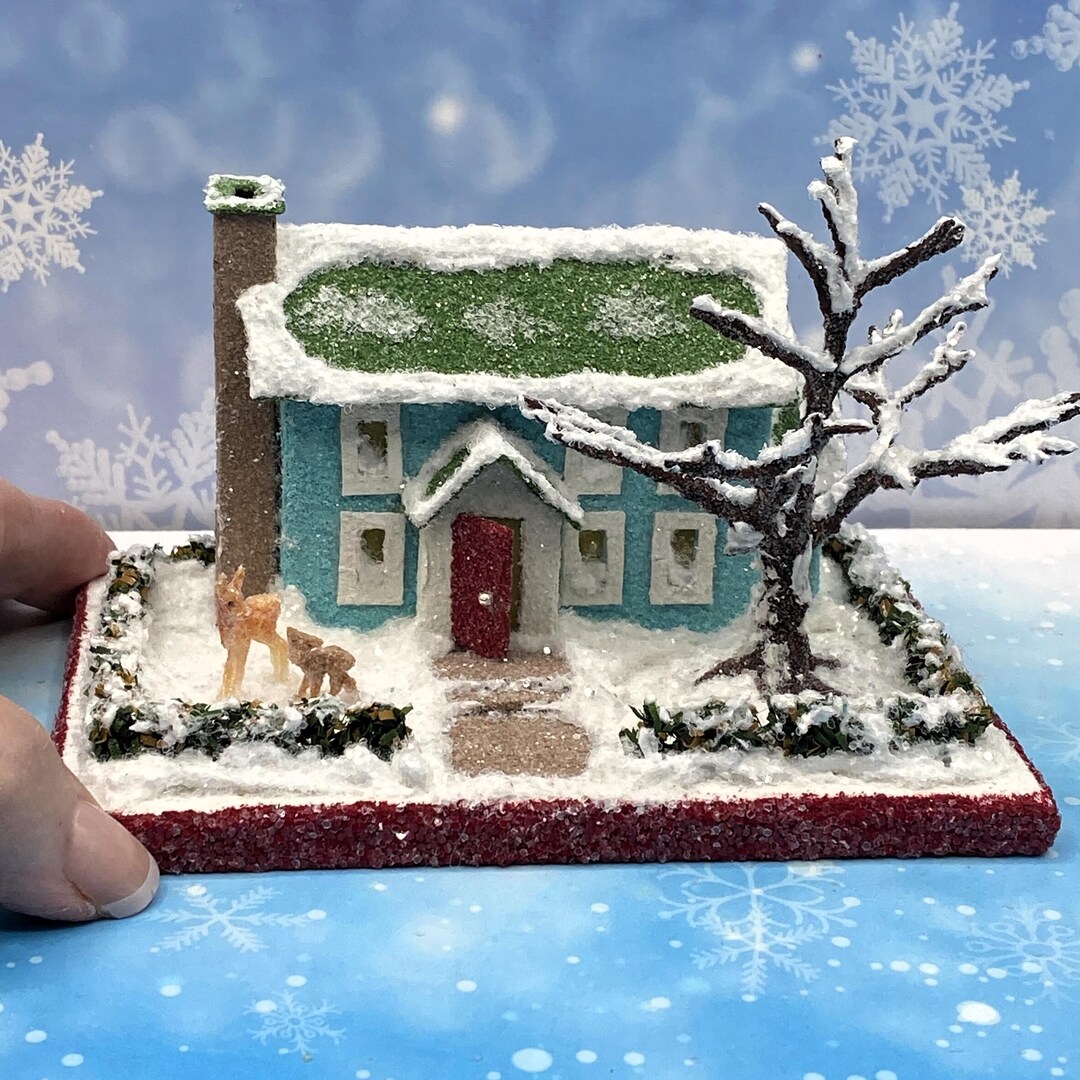 MINI Size Blue and Green Putz House - Glitter House - Christmas Village ...