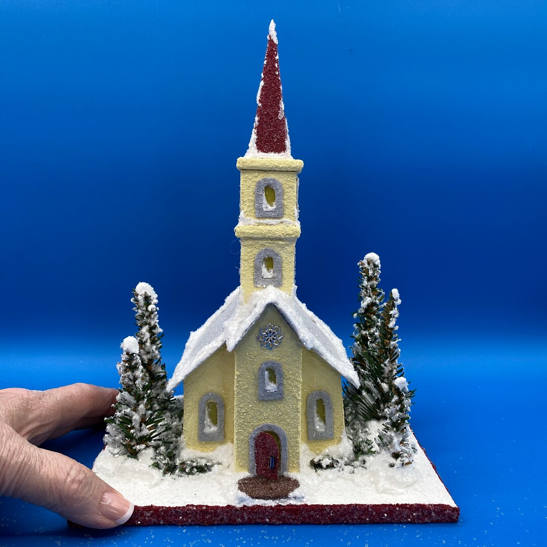ORIGINAL Yellow and Gray Putz Church - Christmas Village - Handmade ...