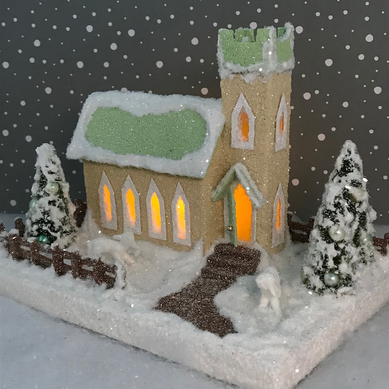 MINI Ivory and Pale Green Putz Church/ Glitter Church/ Christmas ...