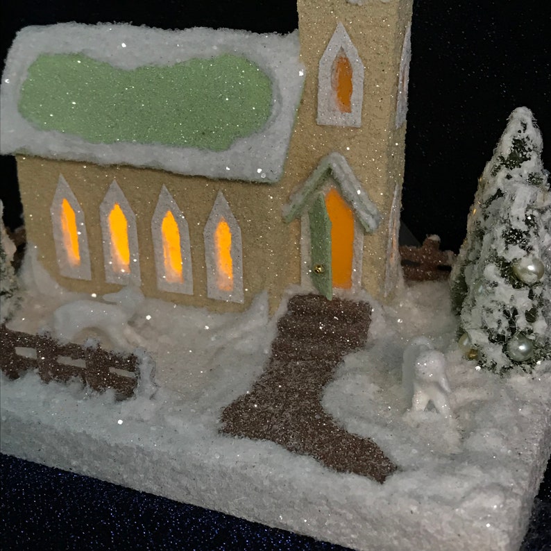 MINI Ivory and Pale Green Putz Church/ Glitter Church/ Christmas ...