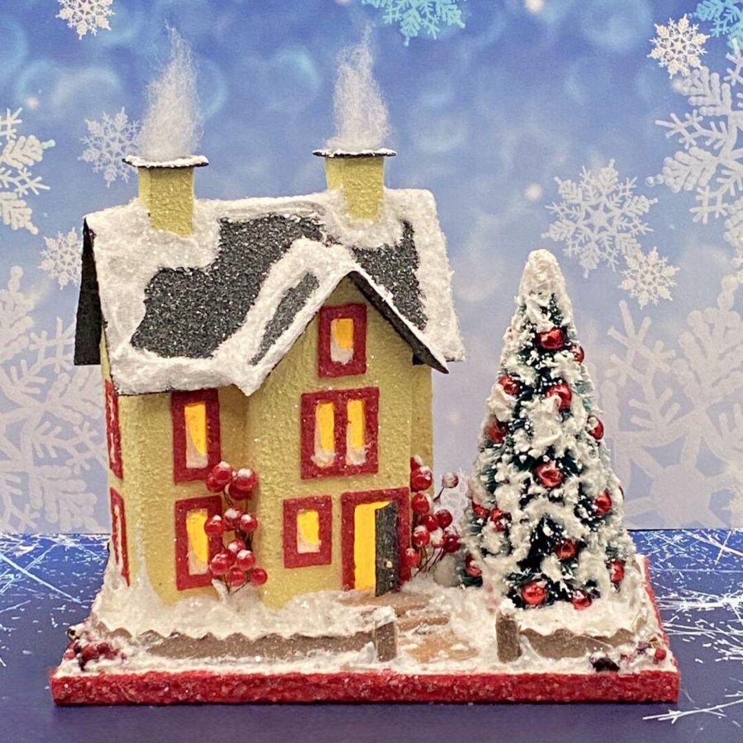 ORIGINAL Size Yellow and Black-green Winter Putz House - Glitter House - Christmas Village ...