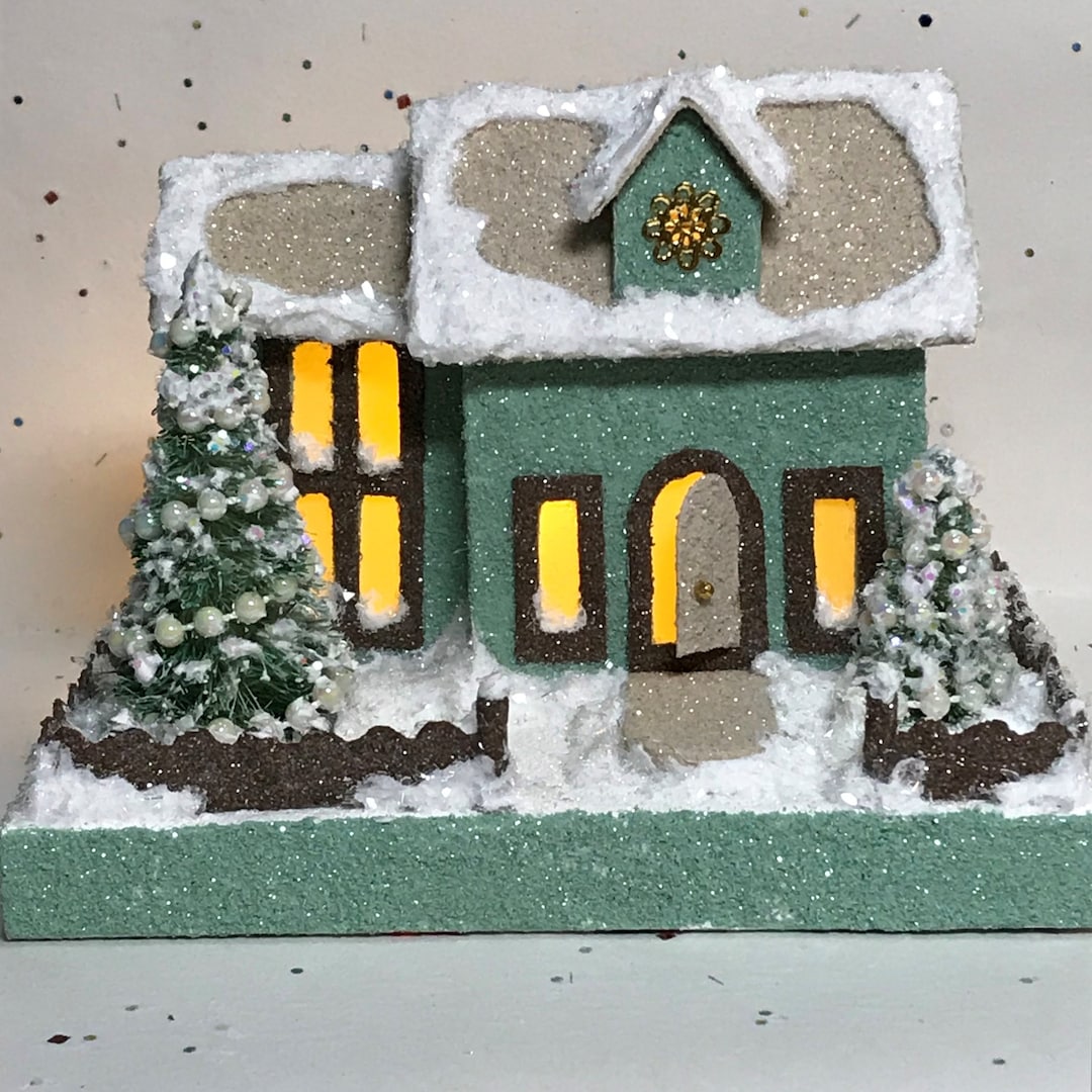MINI Green and Light Brown Putz House Glitter House Christmas Village ...