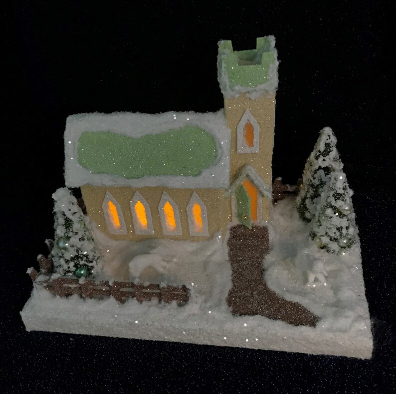 MINI Ivory and Pale Green Putz Church/ Glitter Church/ Christmas ...