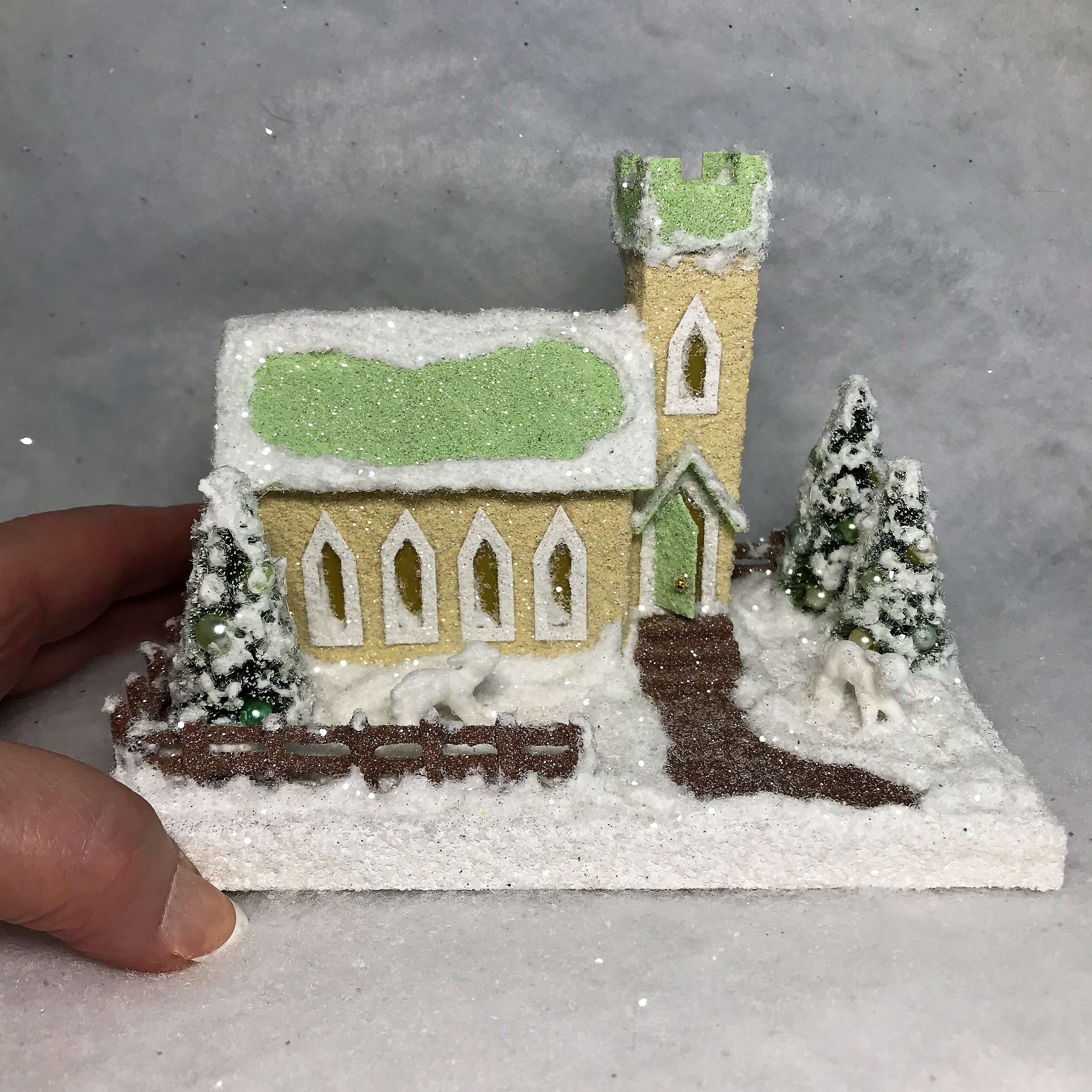 MINI Ivory and Pale Green Putz Church/ Glitter church/ | Etsy