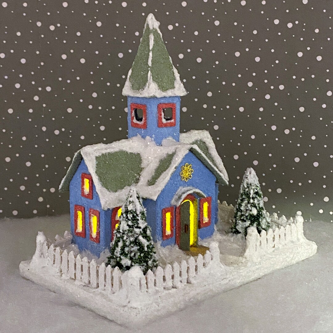 MINI Size Blue and Green Putz Church/ Glitter House / Christmas Village ...