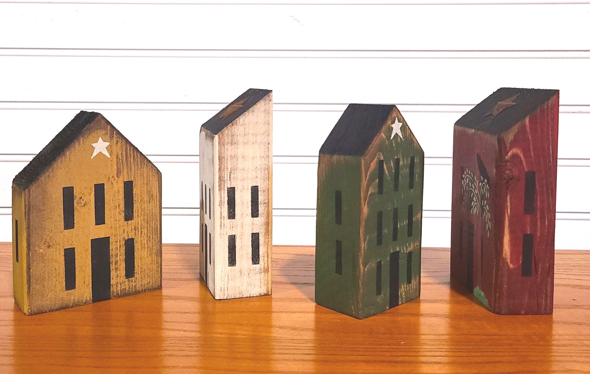 Primitive Saltbox House Set of 4: Chunky Wood Blocks, Rustic Home Decor ...