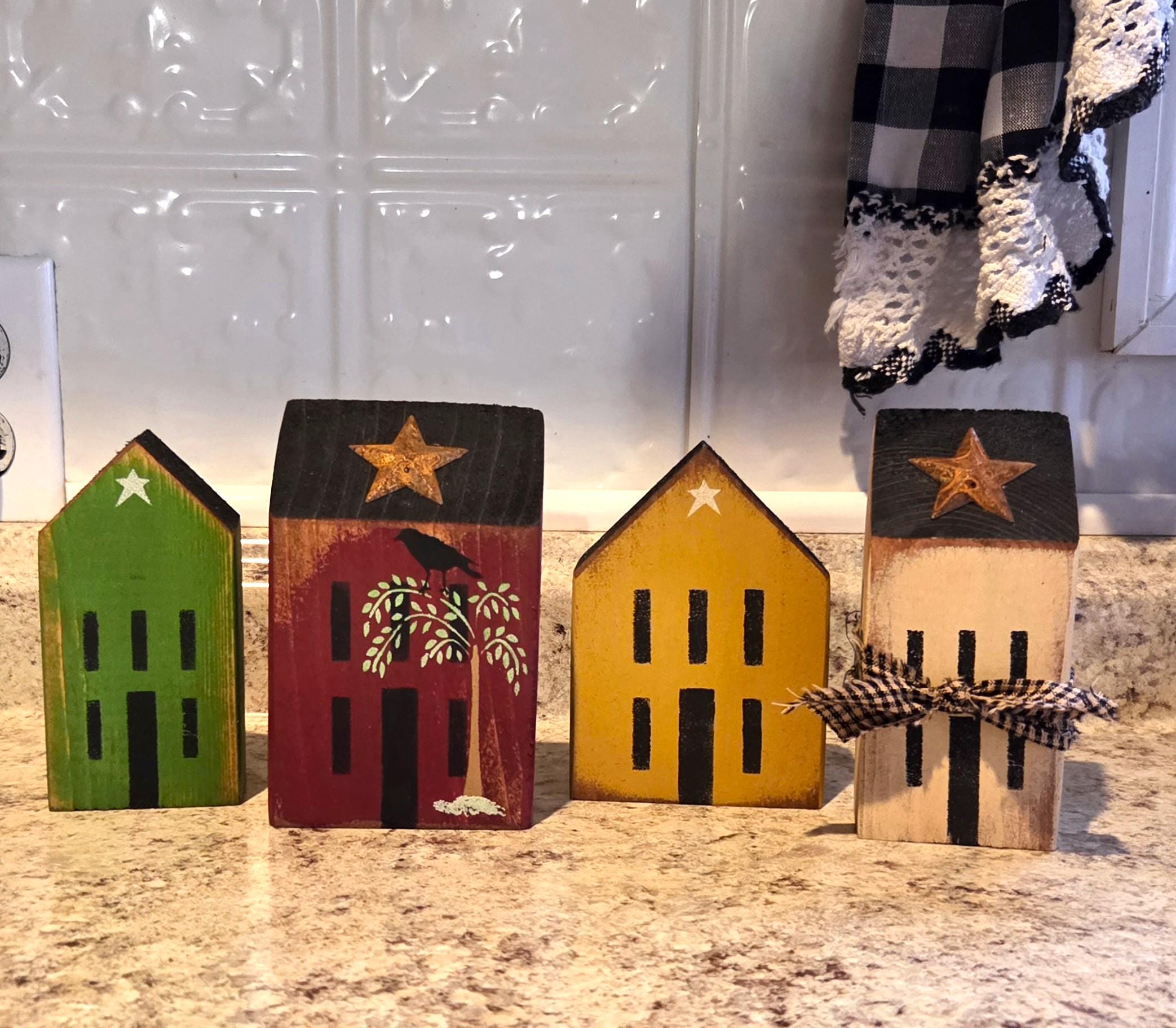 Primitive Saltbox House Set of 4: Chunky Wood Blocks, Rustic Home Decor ...