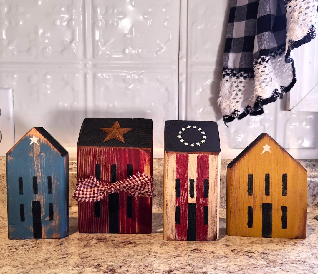Primitive Americana Saltbox Houses, Set of 4: Chunky Wood Blocks ...