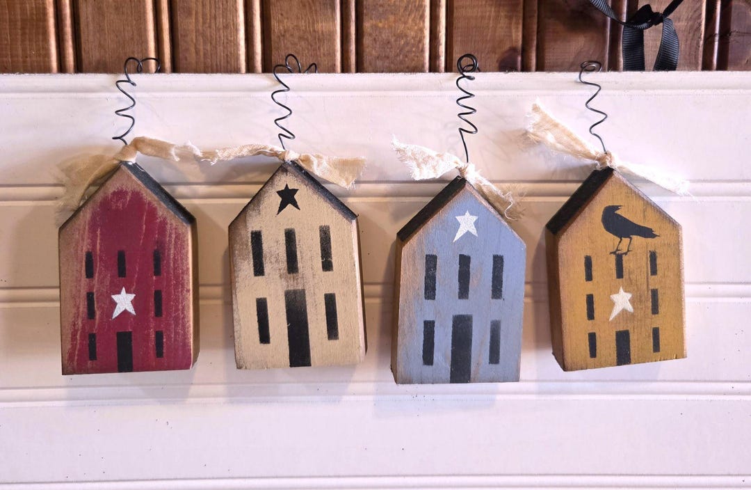 Primitive Saltbox House Ornaments - Set of 4 - Distressed Wood Home ...