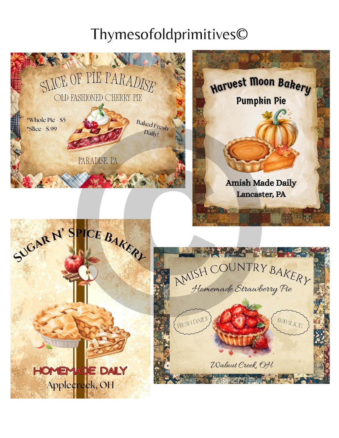 Primitive Amish Bakery Pie Hang Tags/labels, Instant Digital Download ...