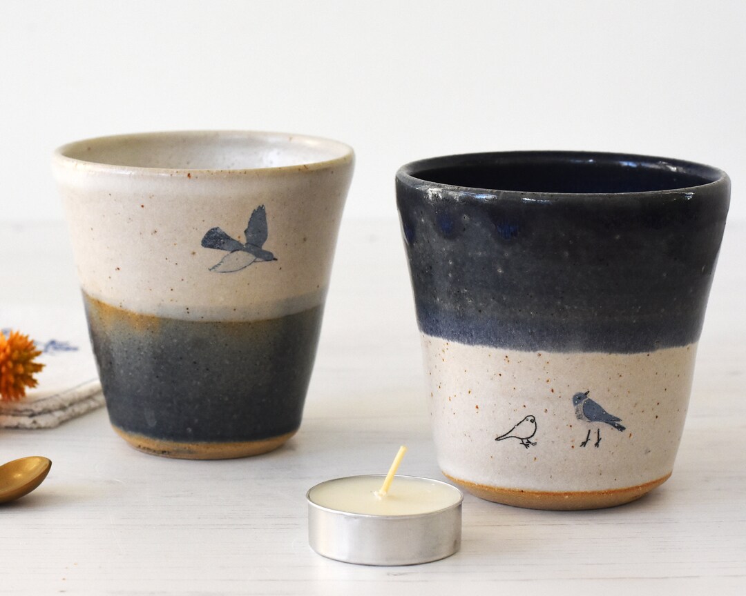 Ceramic Bluebird Tumbler, Handmade Ceramic Cup, Blue and White Ceramic ...