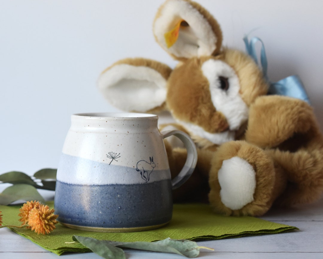 Ceramic Mug With Bunny Hare, Blue and White Hare Rabbit Mug, Gift for ...