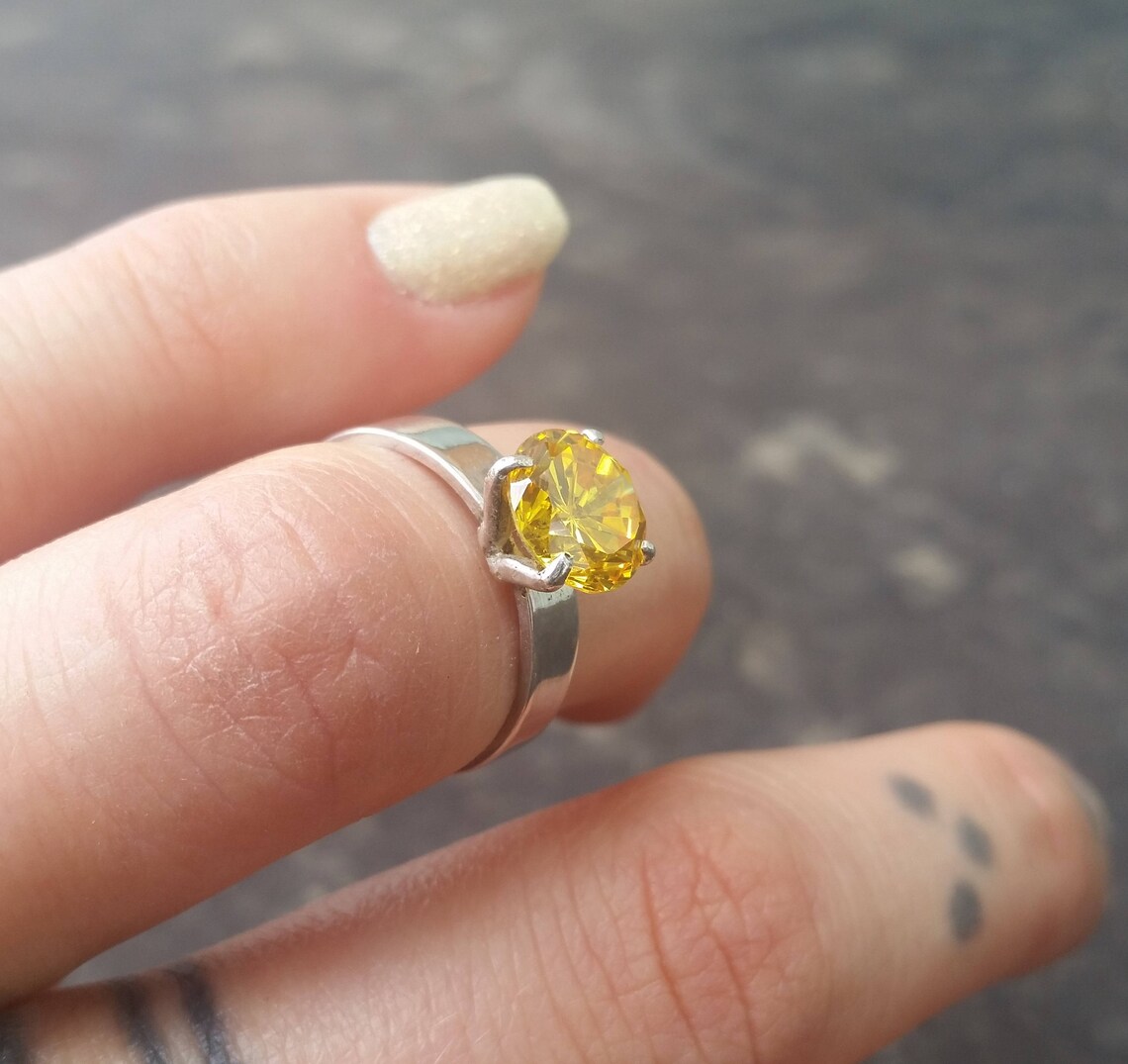 Big CZ Ring Yellow CZ Ring Hammered Solitaire Ring Yellow - Etsy