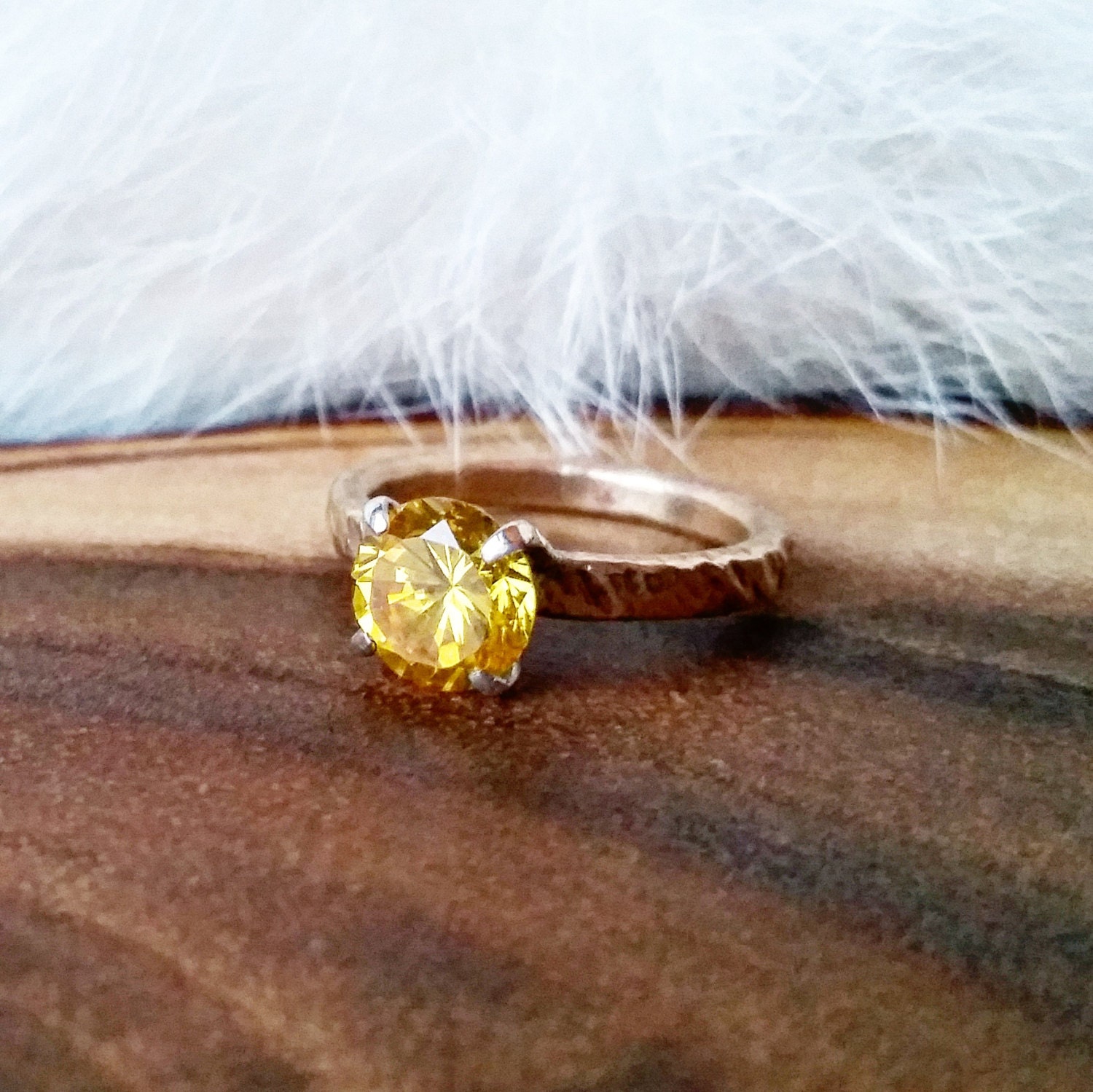 Big CZ Ring Yellow CZ Ring Hammered Solitaire Ring Yellow - Etsy