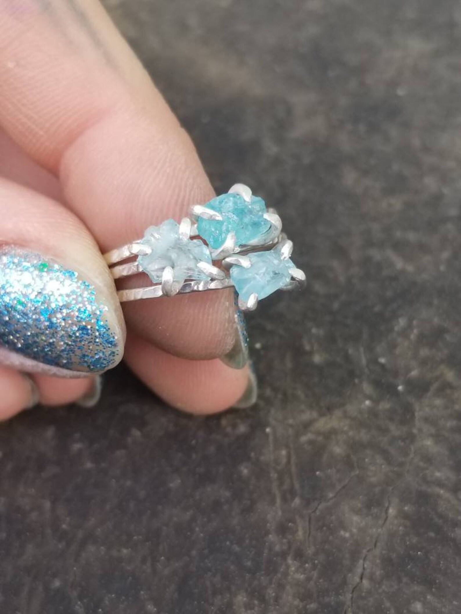 Raw Stone Ring Set of 3 Raw Apatite Ring Rough Stone Ring Set | Etsy