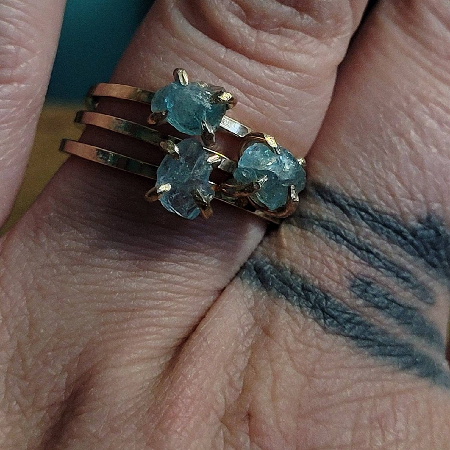 Raw Stone Ring Set of 3 Raw Apatite Ring Rough Stone Ring Set - Etsy