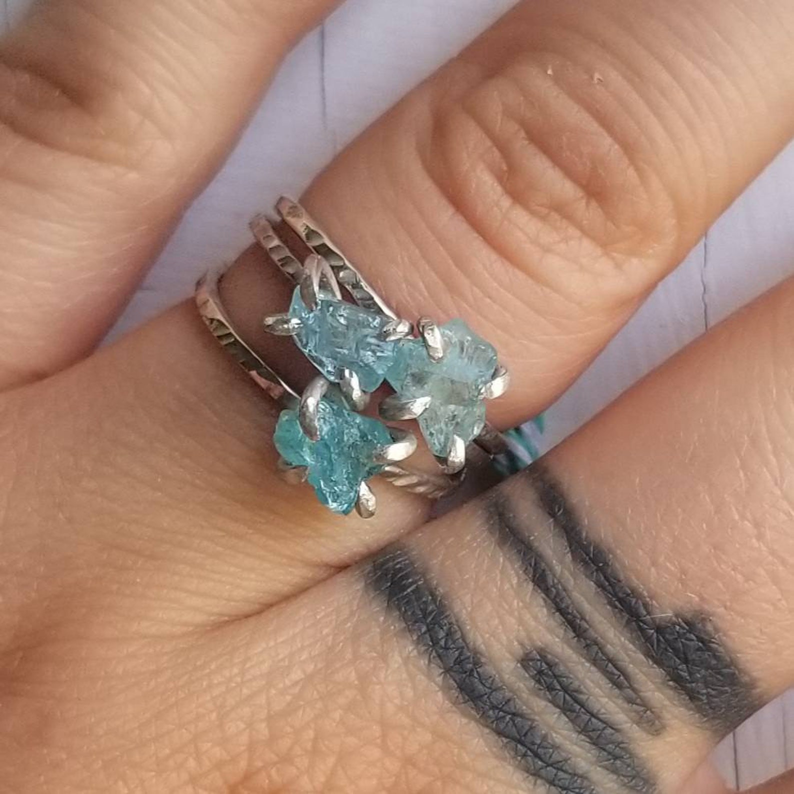 Raw Stone Ring Set of 3 Raw Apatite Ring Rough Stone Ring Set | Etsy