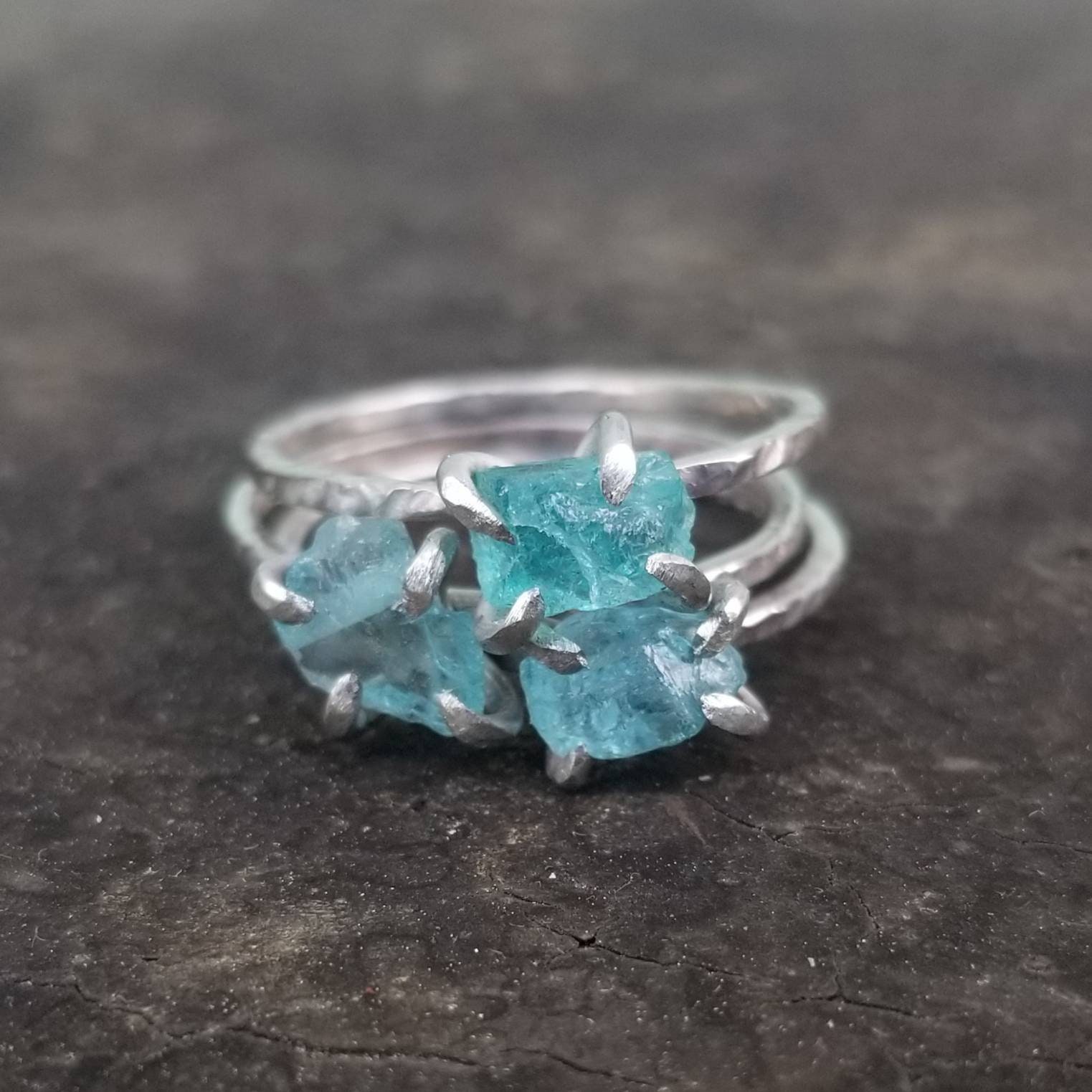 Raw Stone Ring Set of 3 Raw Apatite Ring Rough Stone Ring Set | Etsy