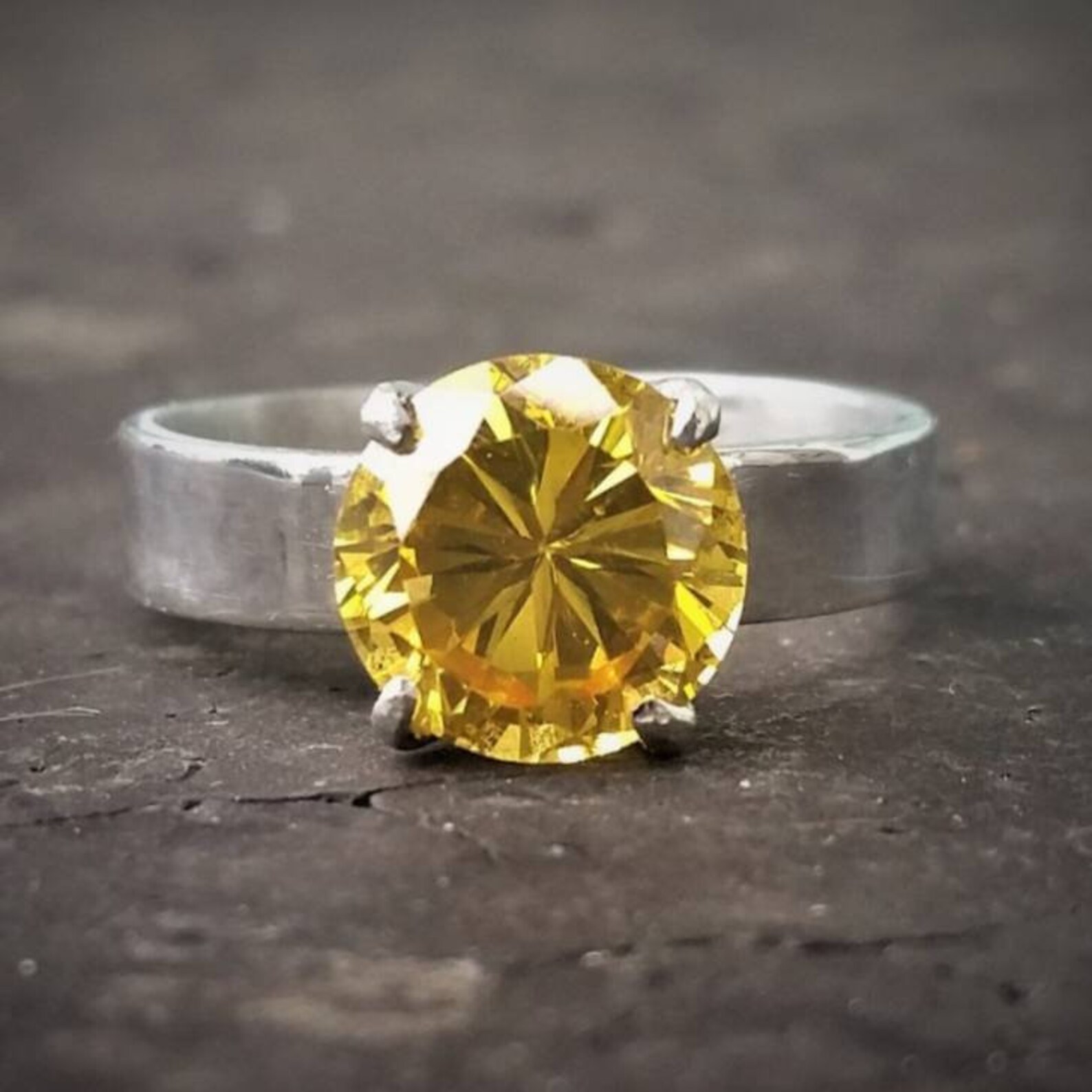 Big CZ Ring Yellow CZ Ring Hammered Solitaire Ring Yellow - Etsy