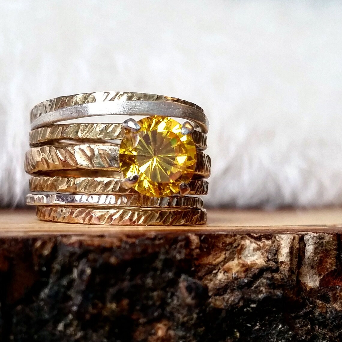 Big CZ Ring Yellow CZ Ring Hammered Solitaire Ring Yellow - Etsy