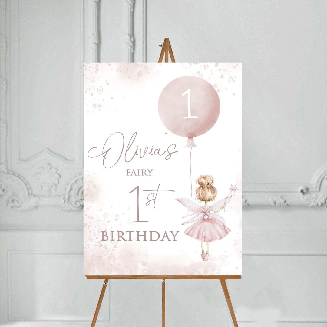 Pink Pastel Girls Fairy 1st Birthday Welcome Sign, Birthday Party ...