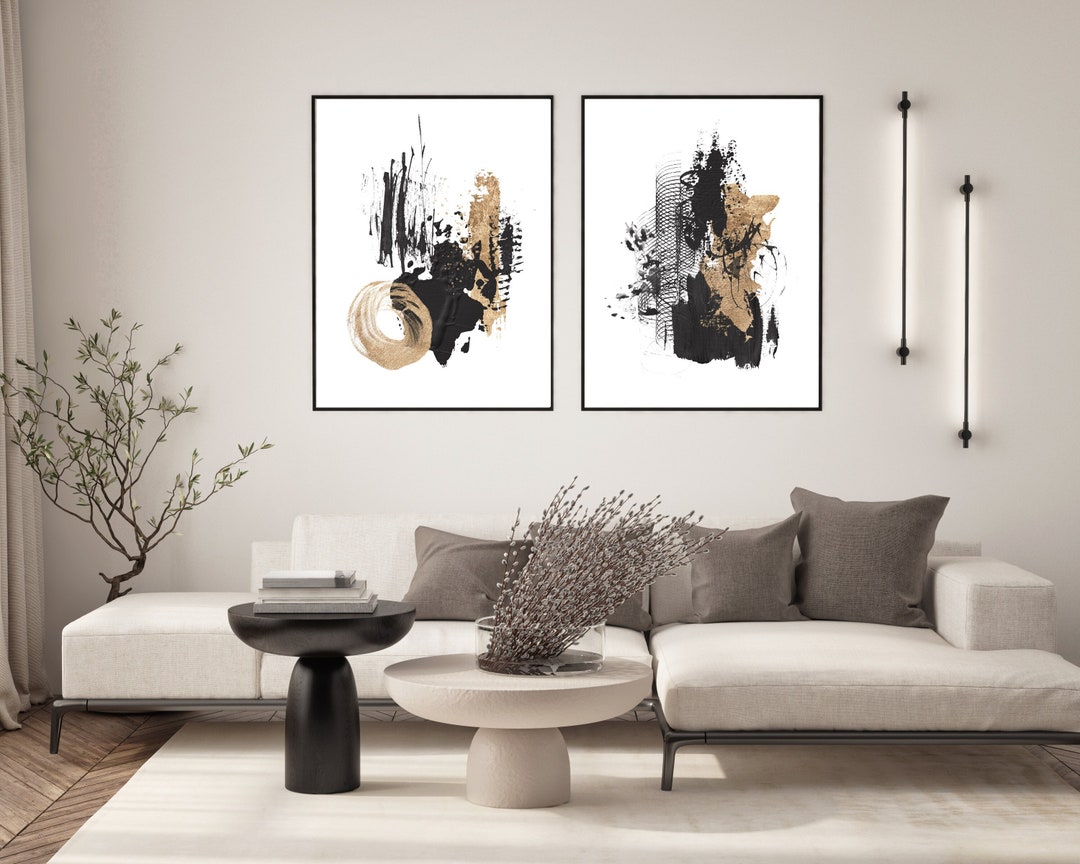 Set of 2 Black White Gold Abstract Canvas Texture Detail, Pair Wall Art ...