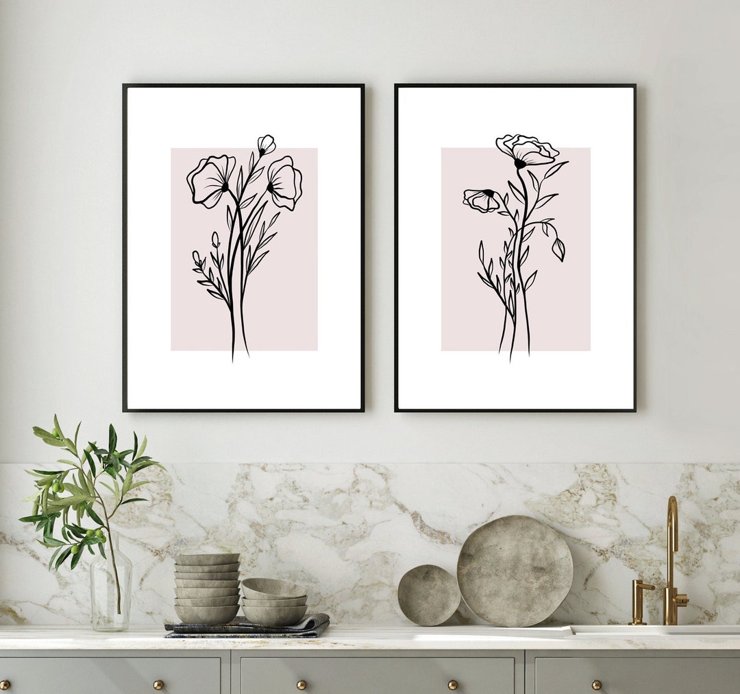 Pair of Pink Line Art Floral Prints,floral Wall Art Home Decor Poster ...