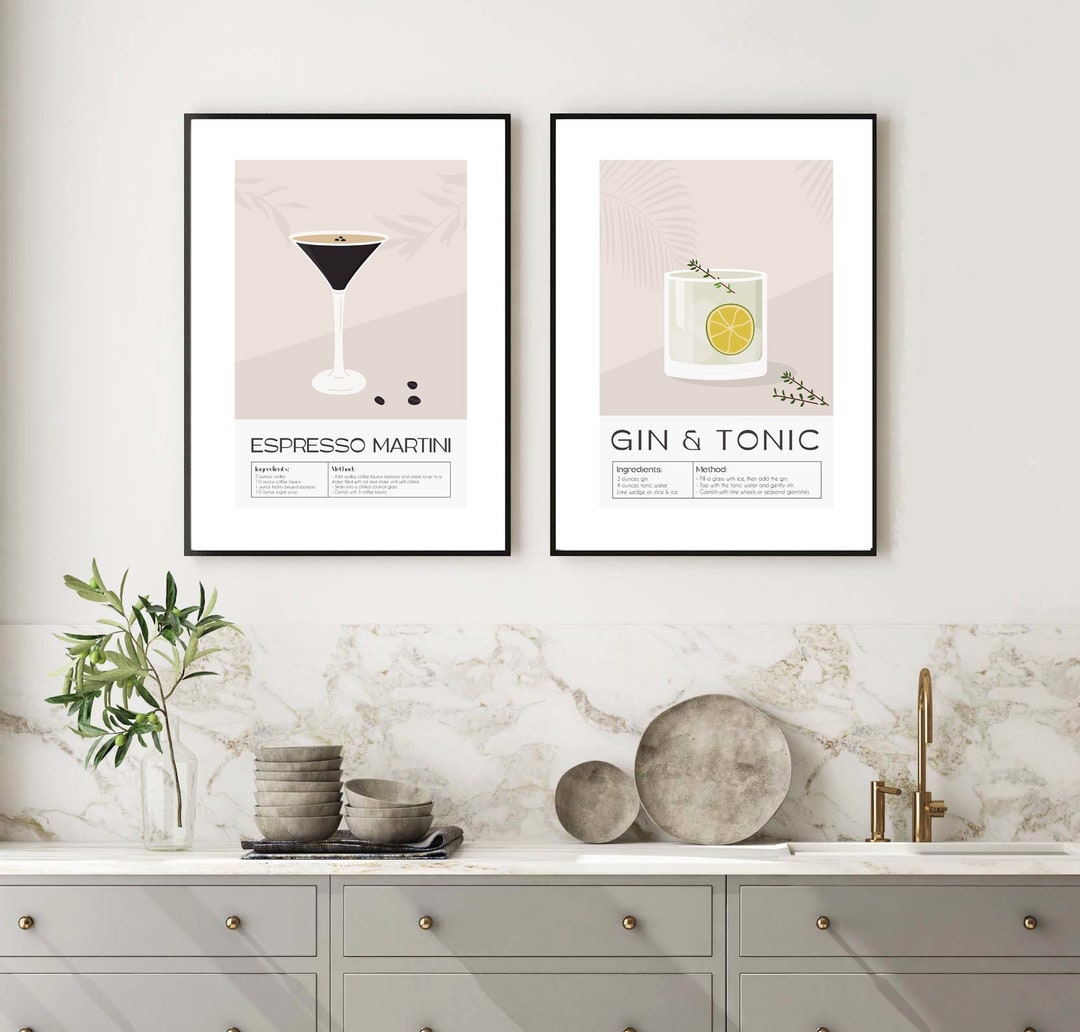 Cocktail Poster Set Pair, Kitchen Print, Utility Wall Prints, Kitchen ...