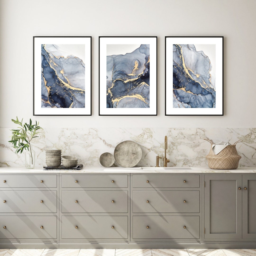 Set of 3 Blue and Gold Prints, Detail Abstract Wall Art, Home Decor ...
