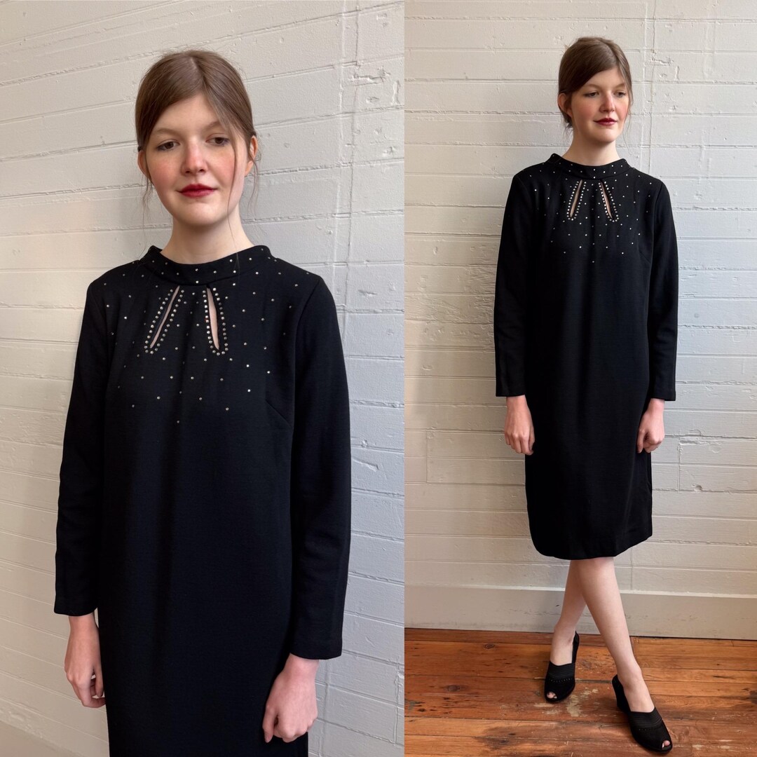 1960s 60s Prong Set Rhinestone Black Wool Blend Sheath Dress - M/L - Etsy