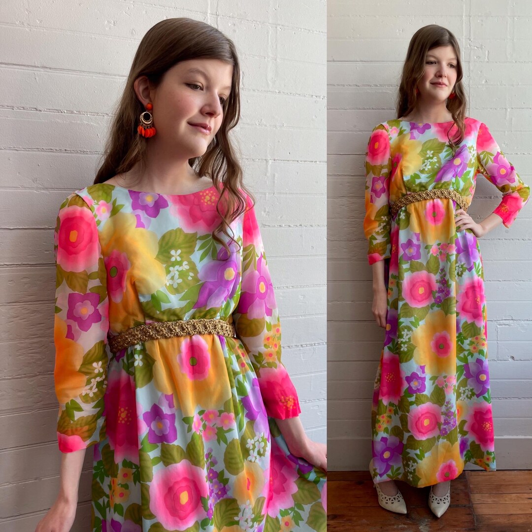 1960s 60s Floral Neon Gown - S/M - Etsy