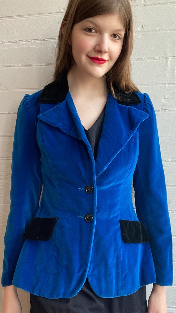 1970s 70s Beautiful Blue Velvet Blazer - Small - Gem
