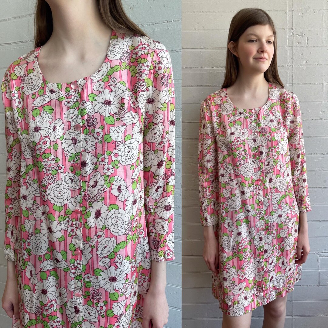 1960s 60s Pink Floral Striped Mini Mod Dress - S/M - Etsy