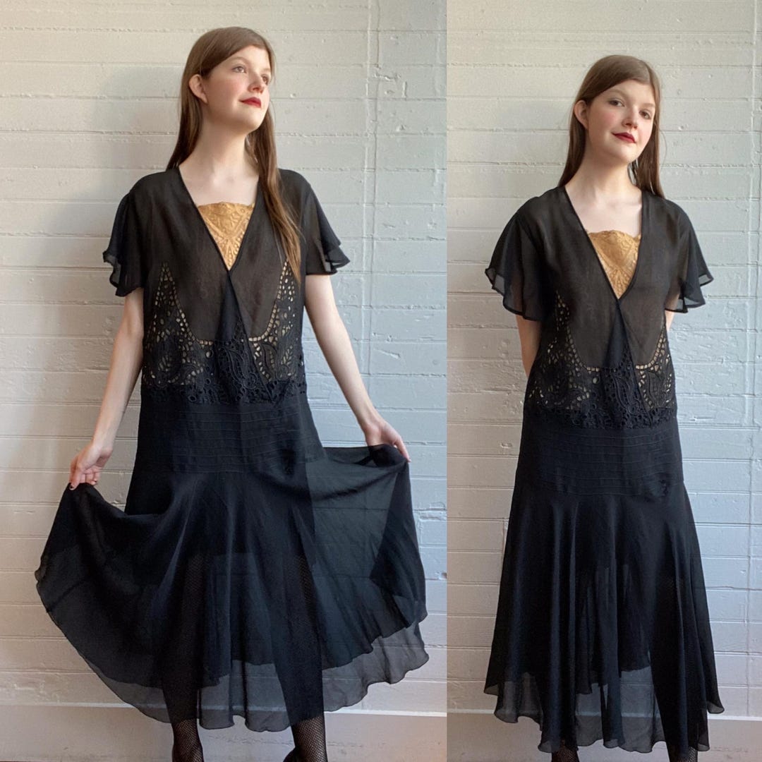 1920s 20s Silk Chiffon Drop Waist Dress With Crocheted Lace - M/L - Etsy