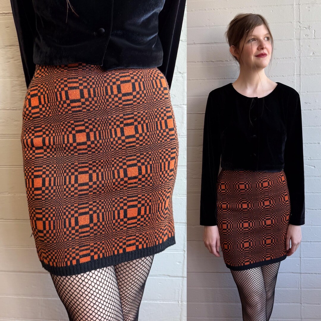 1990s 90s Orange and Black Abstract Checkered Mini Skirt - XS - Etsy