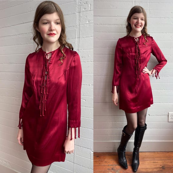1970s 70s red micro mini shift dress with fun ties - … - Gem