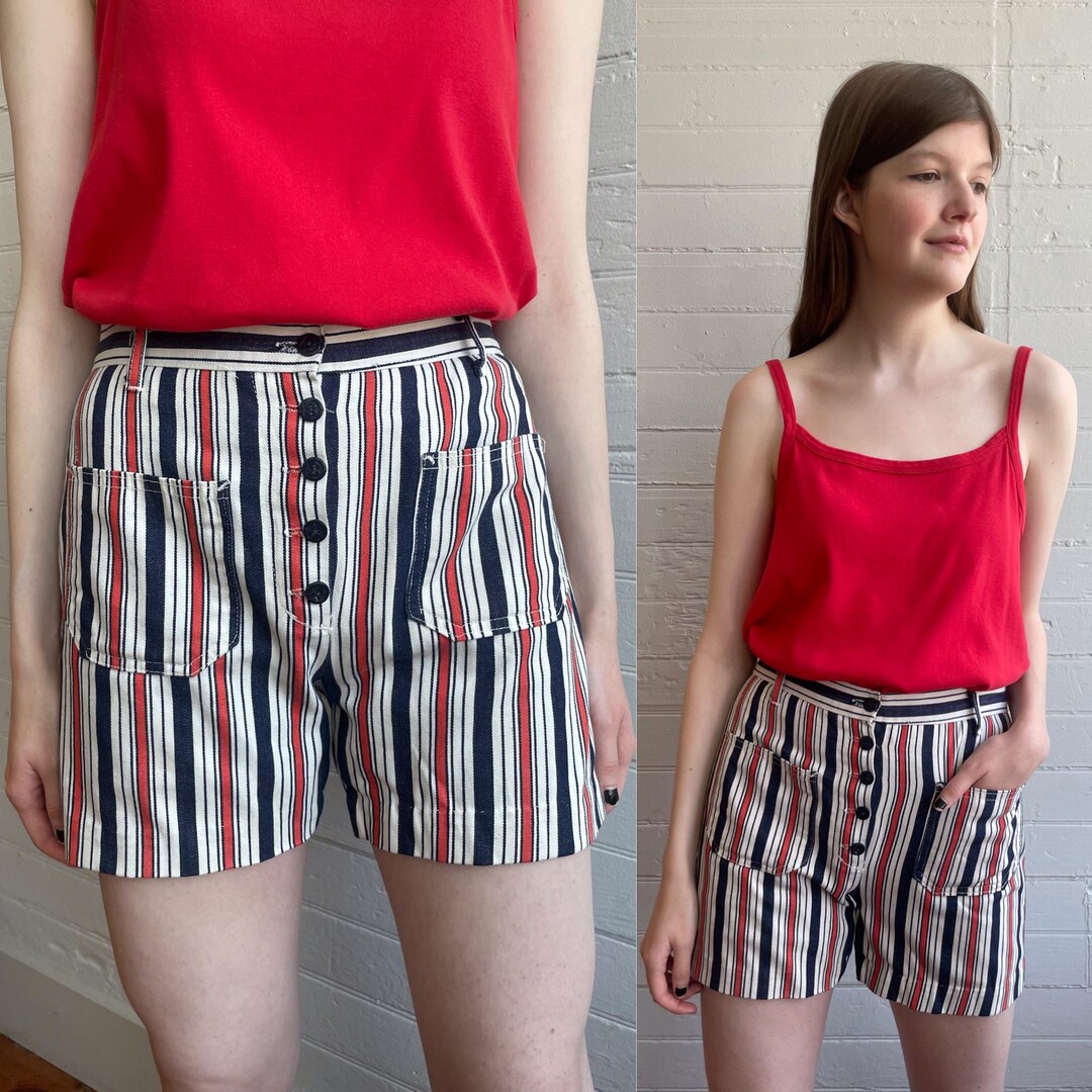 1970s 70s Nautical Stripe Button Front Shorts Mid Rise - Small - Etsy