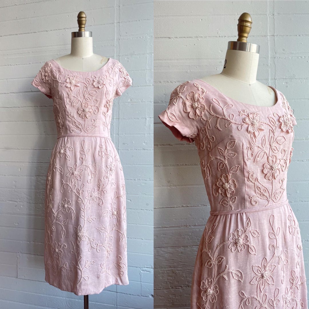 1950s 50s Saks Fifth Avenue Floral Appliqué Linen Dress - Medium - Etsy